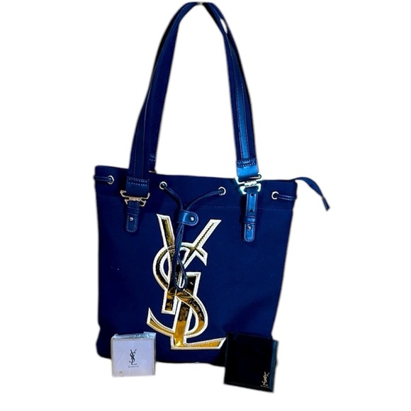 Yves Saint Laurent | Bags | Yves St Laurent Beaute Navy Blue Gold Tote ...
